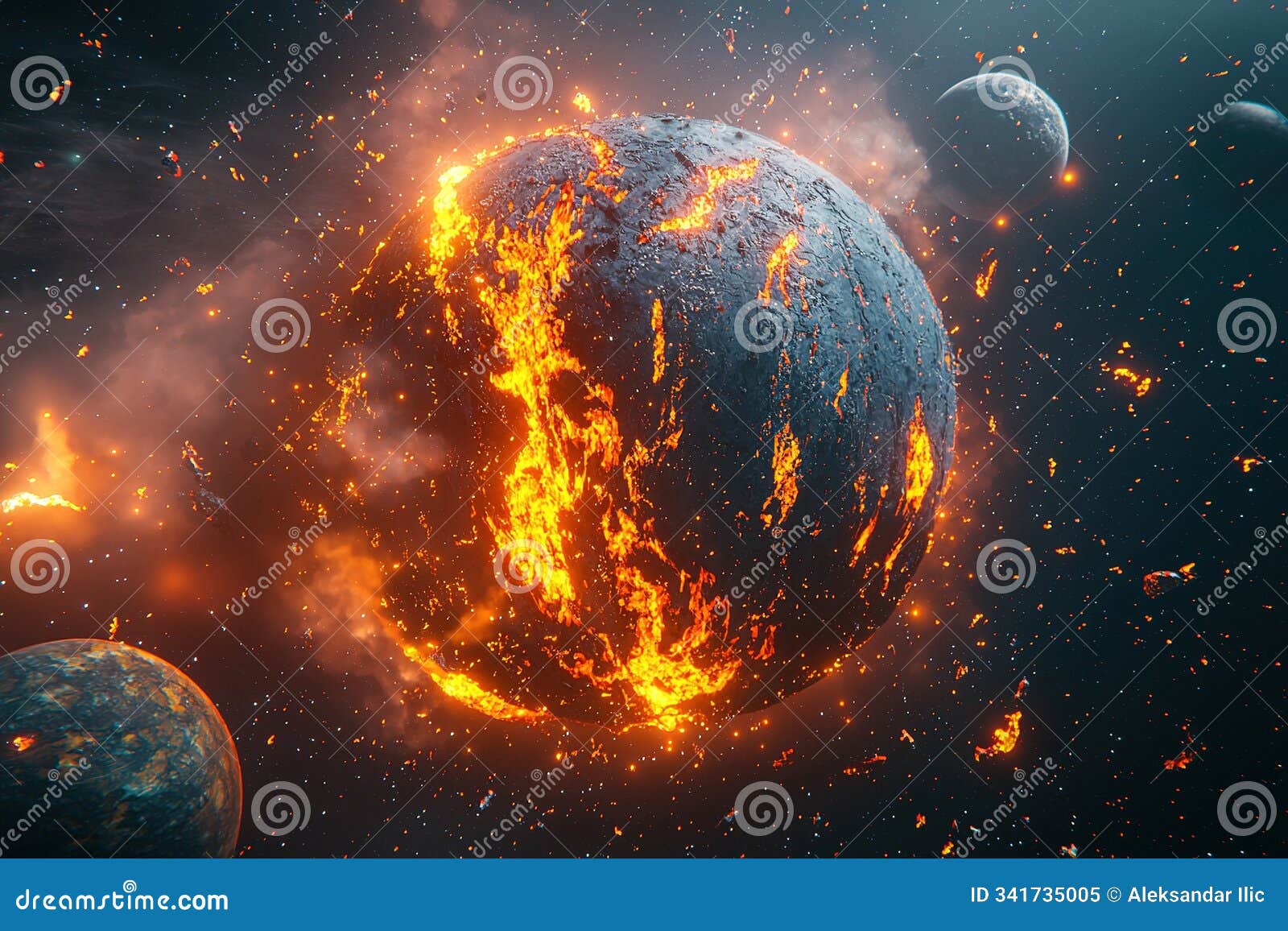 Exploding Burning Planet in Flames and Fire in Cosmos with Stars and ...