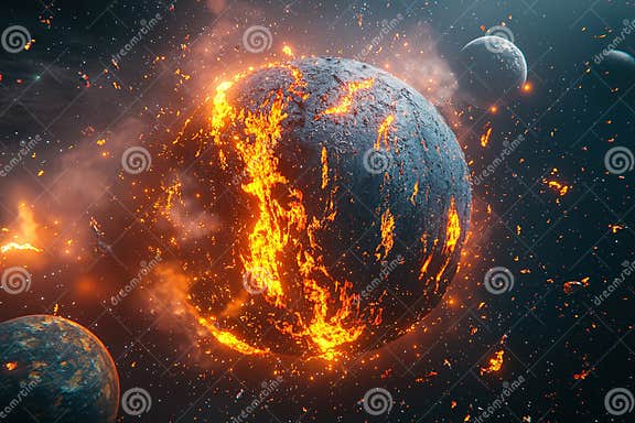 Exploding Burning Planet in Flames and Fire in Cosmos with Stars and ...