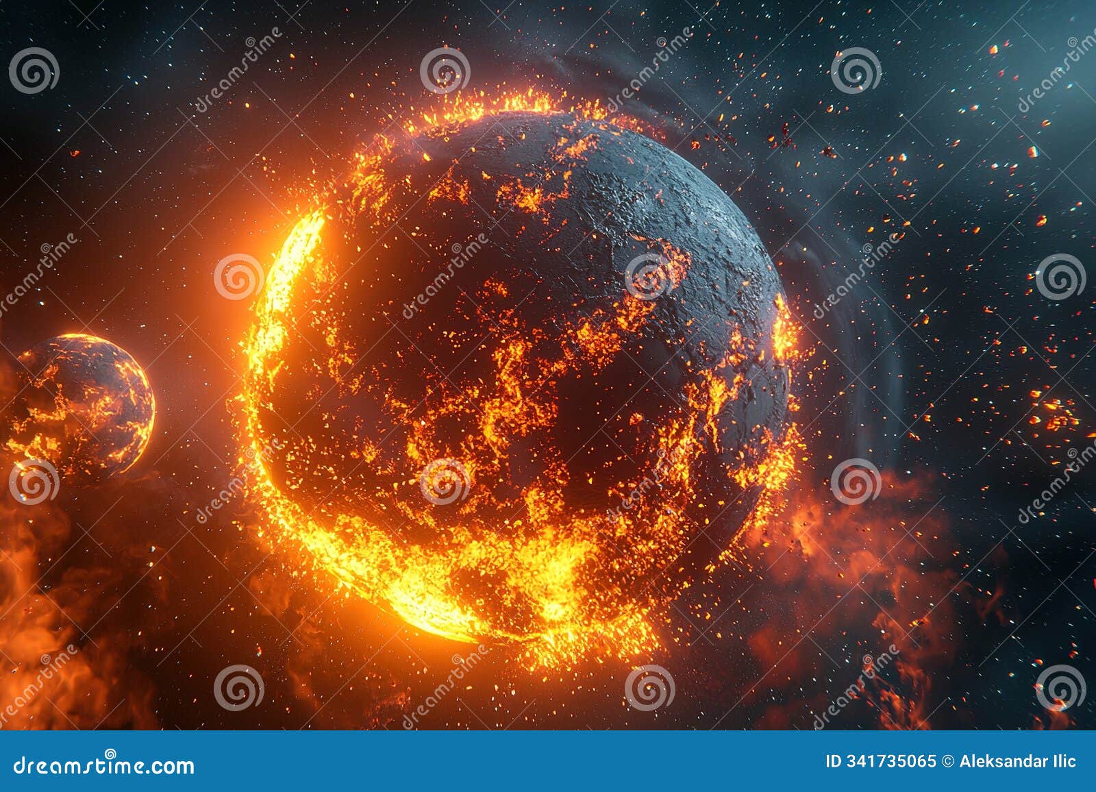 Exploding Burning Planet in Flames and Fire in Cosmos with Stars and ...
