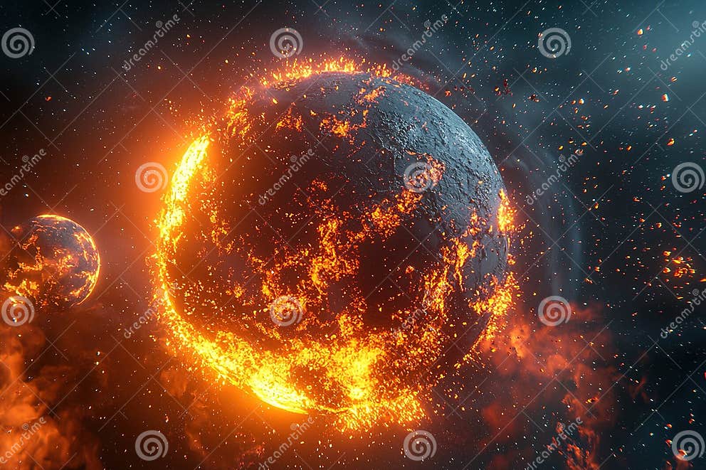 Exploding Burning Planet in Flames and Fire in Cosmos with Stars and ...