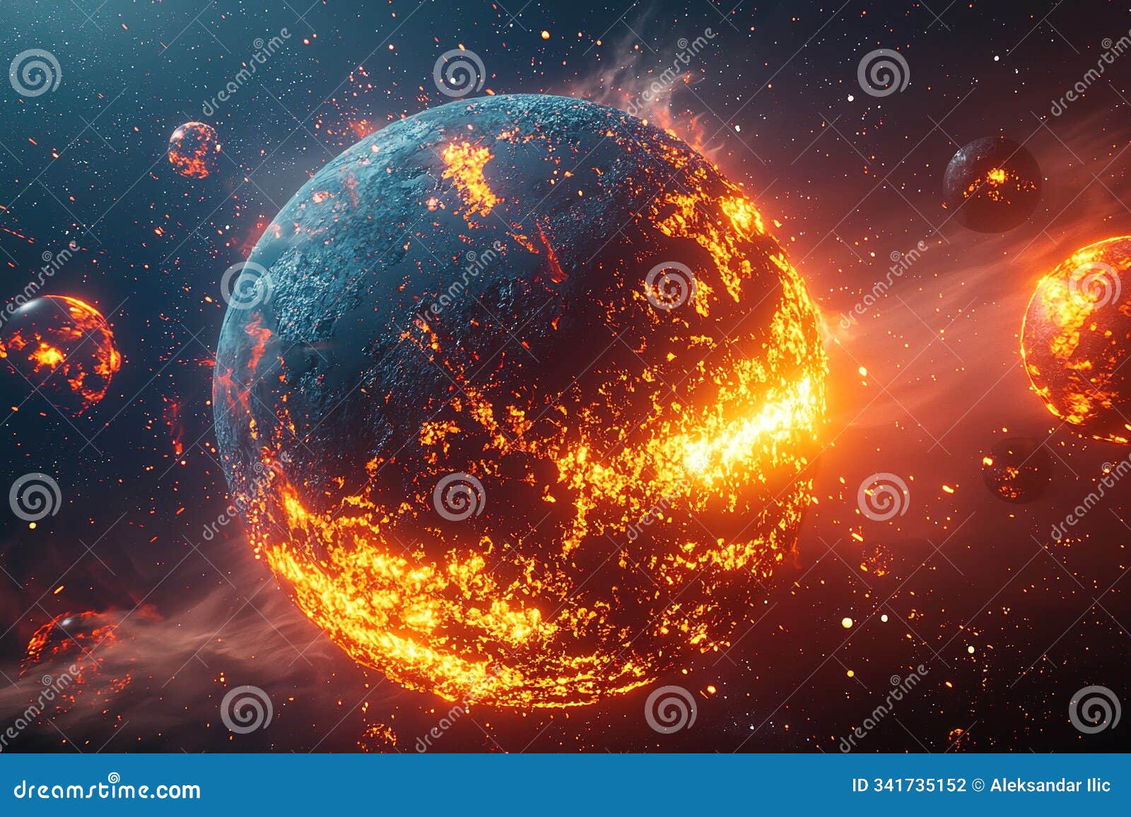 Exploding Burning Planet in Flames and Fire in Cosmos with Stars and ...