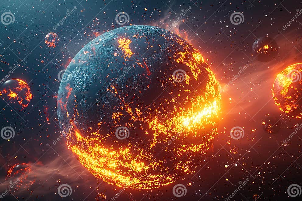 Exploding Burning Planet in Flames and Fire in Cosmos with Stars and ...
