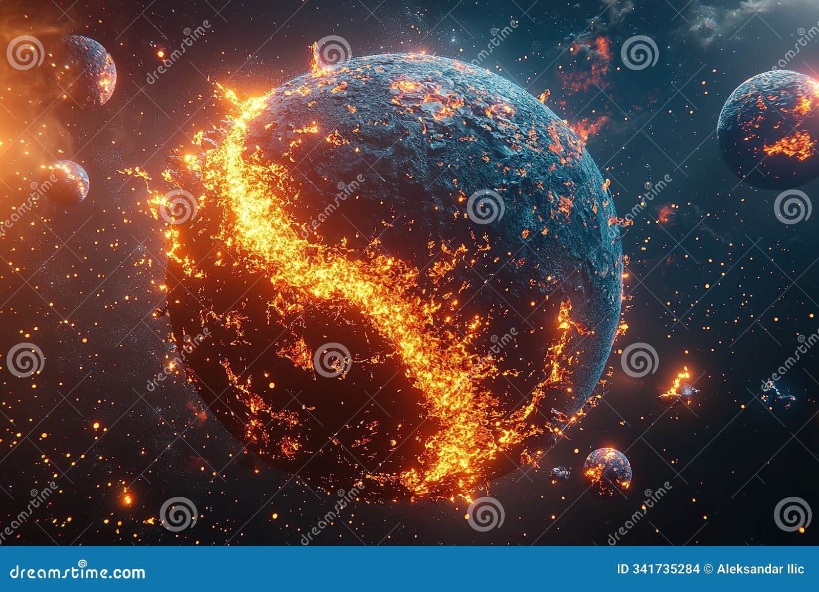 Exploding Burning Planet in Flames and Fire in Cosmos with Stars and ...