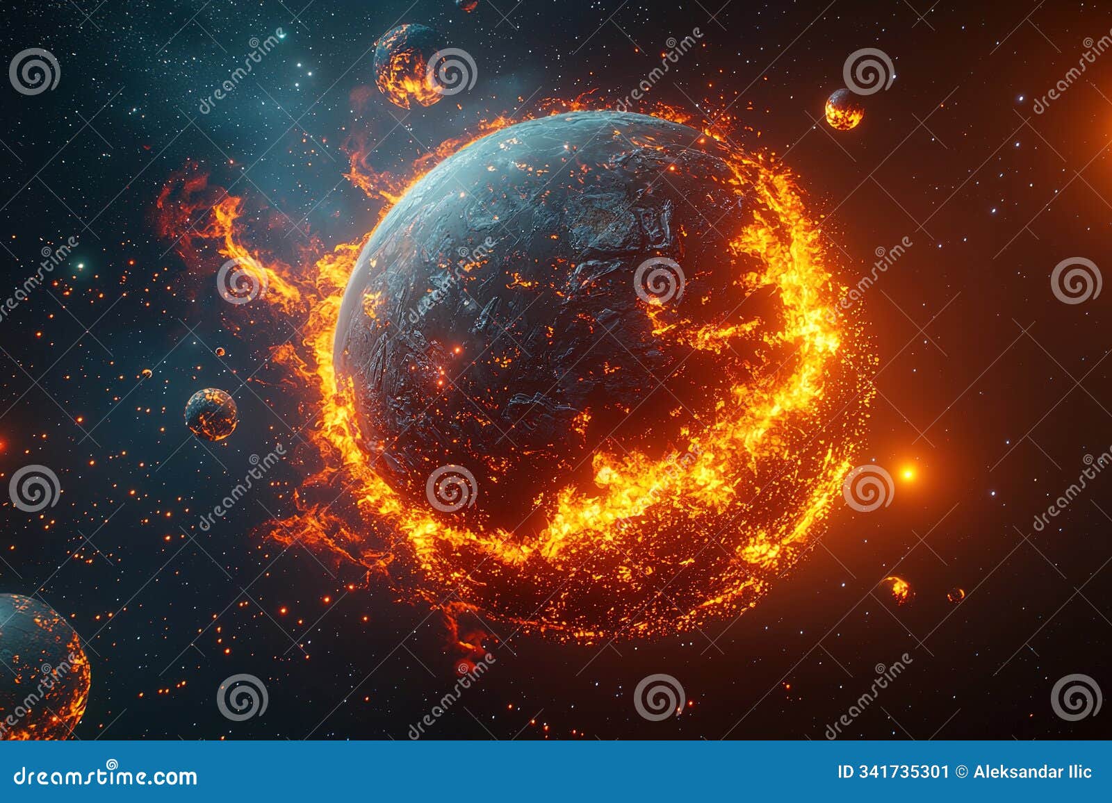 Exploding Burning Planet in Flames and Fire in Cosmos with Stars and ...