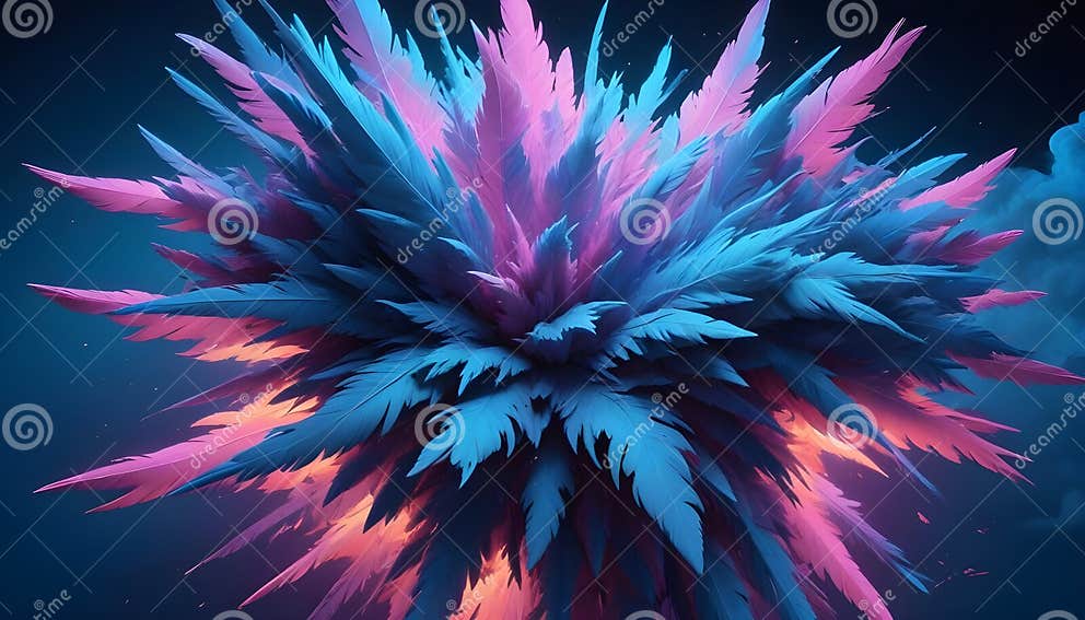 Exploding Burst of Blue and Pink Feathers Against a Dark, Background ...