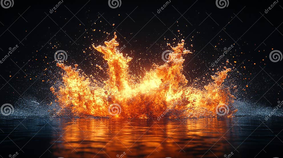 Exploding Burst of Flames Over a Dark Water Surface. Stock Photo ...