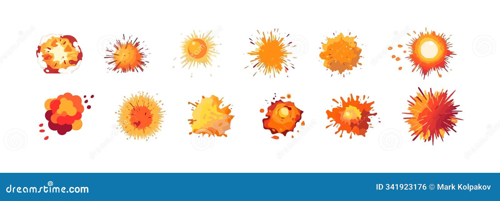 Exploding Bursts Set Flat Cartoon Isolated on White Background. Vector ...