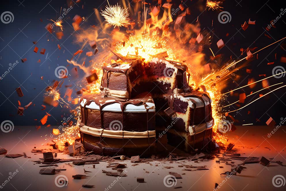 Exploding Cake for a Holiday, Concept of an Unexpected Funny Surprise ...
