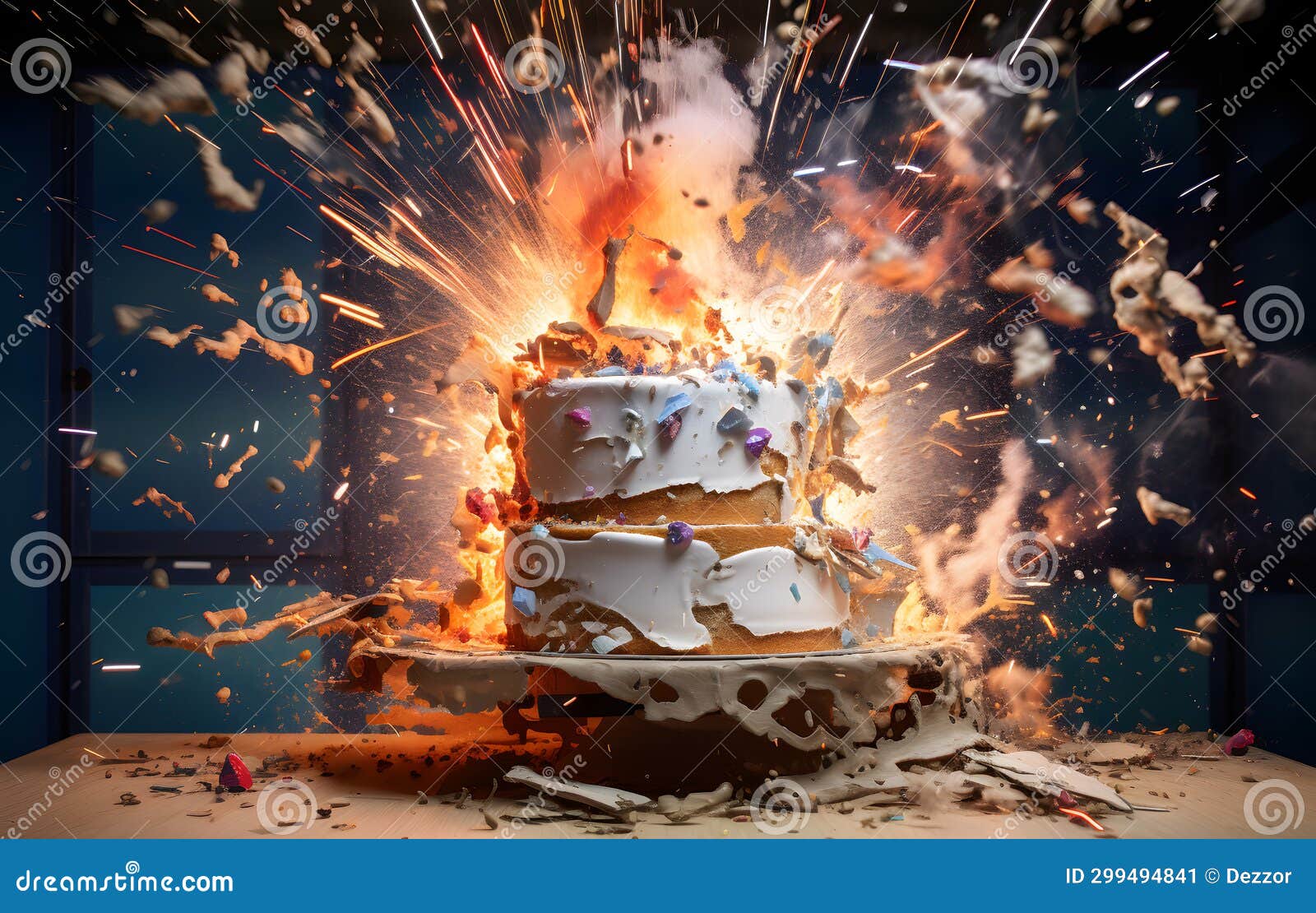 Exploding Cake for a Holiday, Concept of an Unexpected Funny Surprise ...