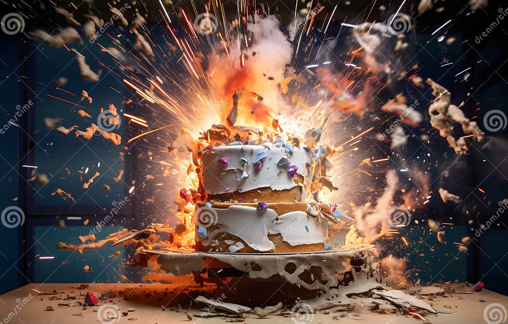 Exploding Cake for a Holiday, Concept of an Unexpected Funny Surprise ...