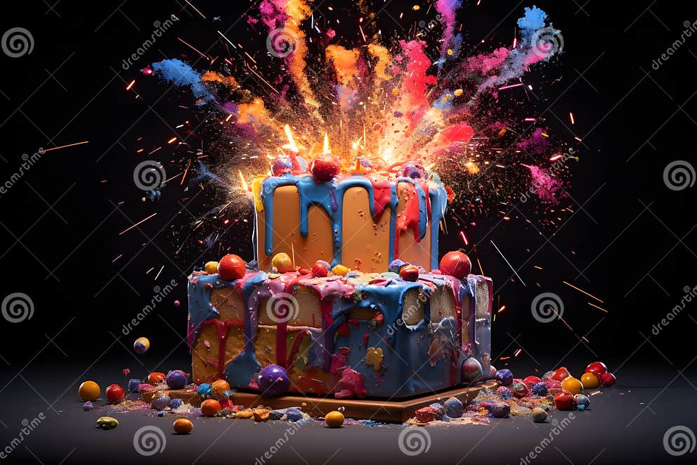 Exploding Cake for a Holiday, Concept of an Unexpected Funny Surprise ...