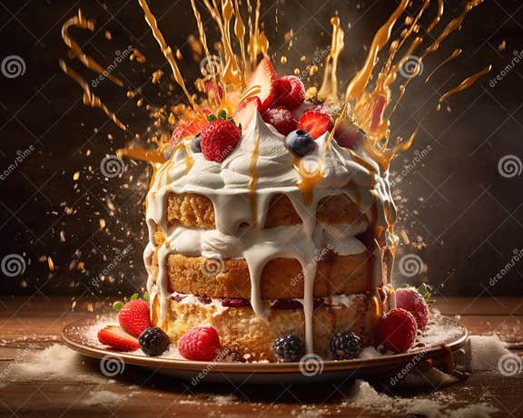 Exploding Cake with Splashes on Dark Background. Stock Illustration ...