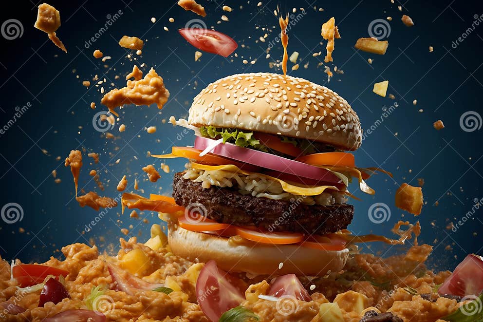 Exploding Cheeseburger with Dynamic Ingredient Separation Against a ...