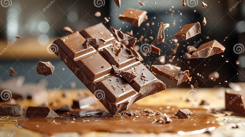 Exploding Chocolate Bar with Flying Chunks Amidst a Melting Puddle on a ...