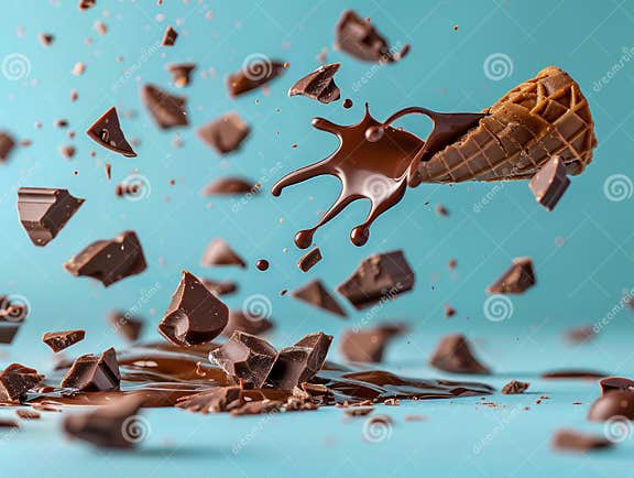 Exploding Chocolate Ice Cream Cone with Splashing Liquid and Flying ...