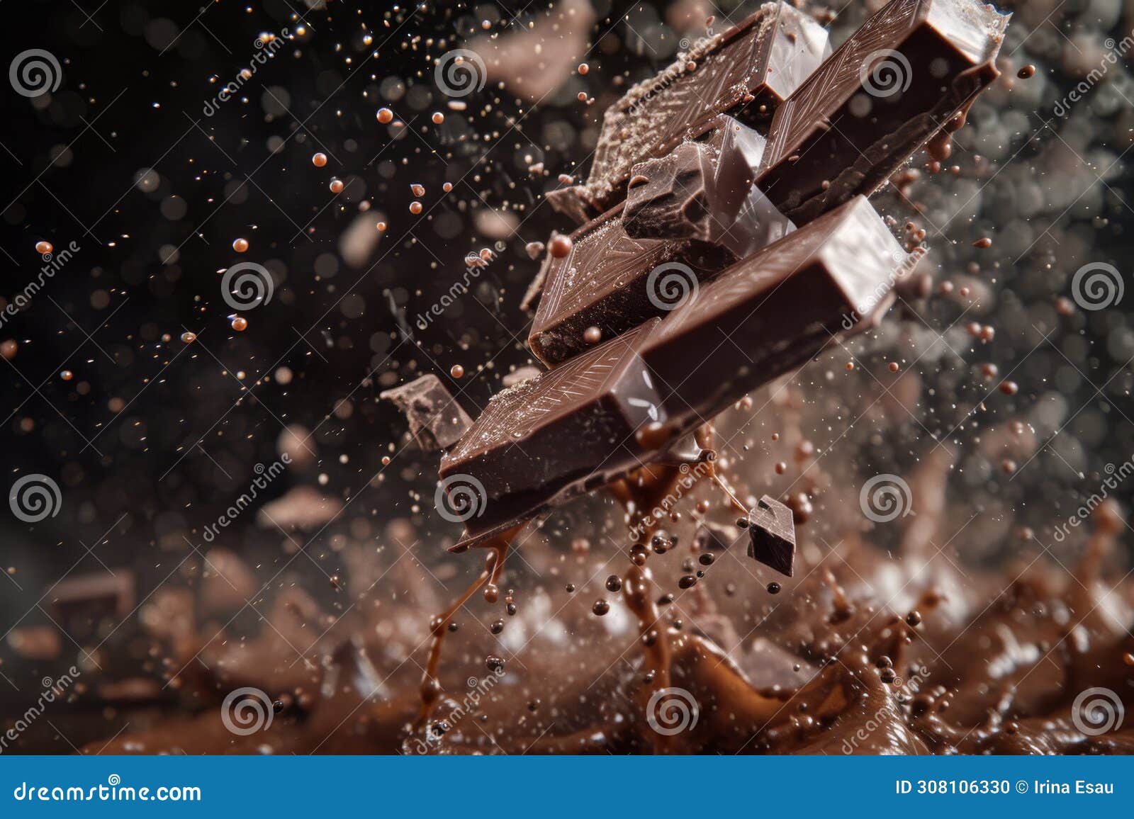 Exploding Chocolate Pieces with Flying Droplets Stock Photo - Image of ...