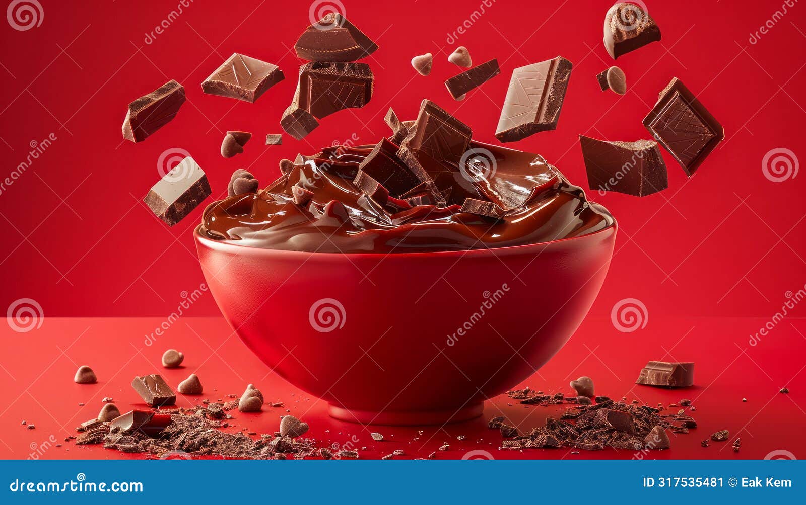 Exploding Chocolate Pieces Splashing Out of Red Bowl with Liquid ...