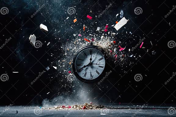 Exploding Clock with Debris in Motion Captured Mid-air on Dark ...
