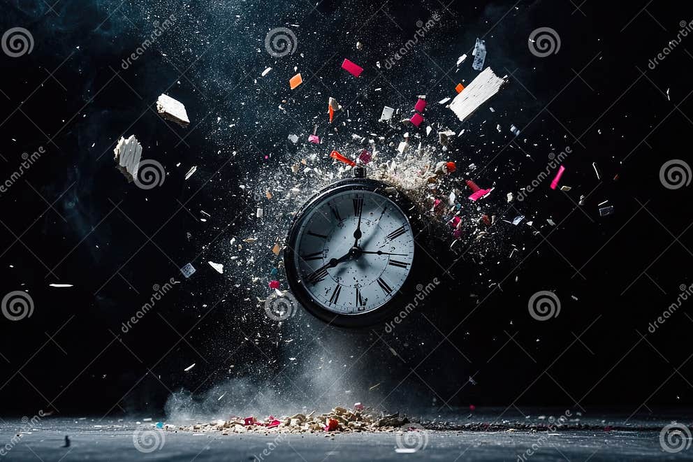 Exploding Clock with Debris in Motion Captured Mid-air on Dark ...