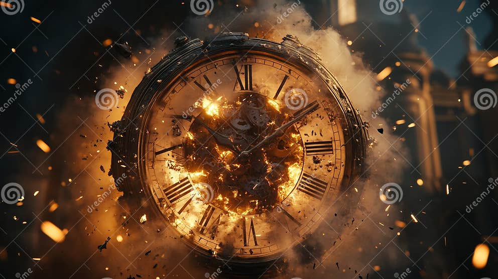 Exploding Clock in Dramatic Slow-motion with Flying Debris Stock Photo ...