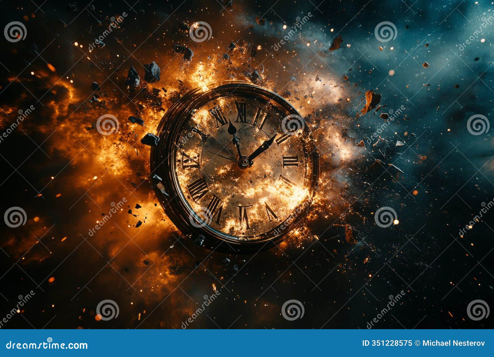 Exploding Clock with Fire and Roman Numerals on Dark Background ...