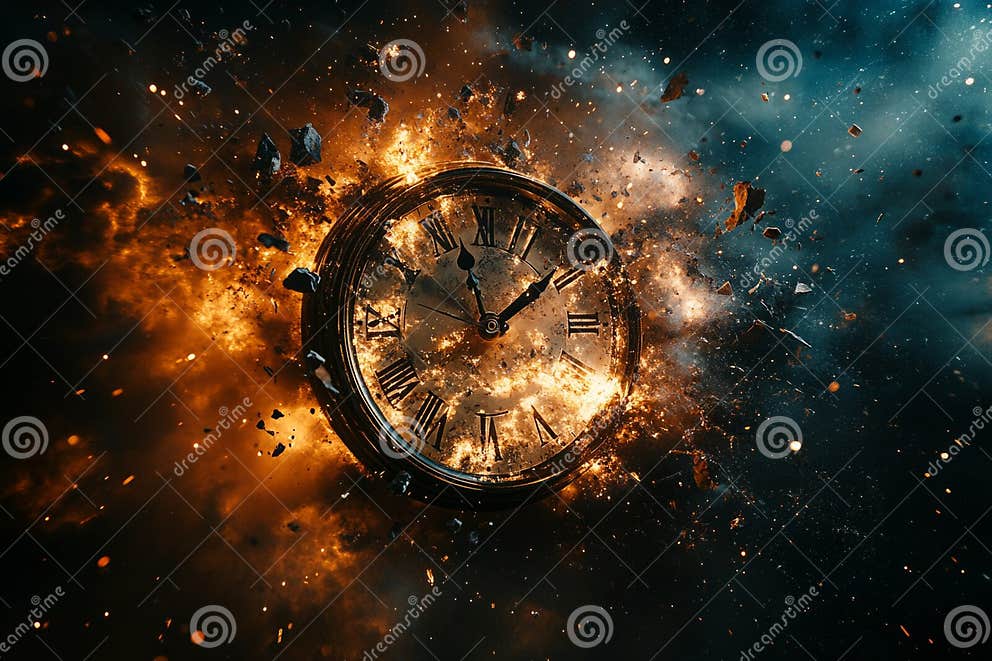 Exploding Clock with Fire and Roman Numerals on Dark Background ...