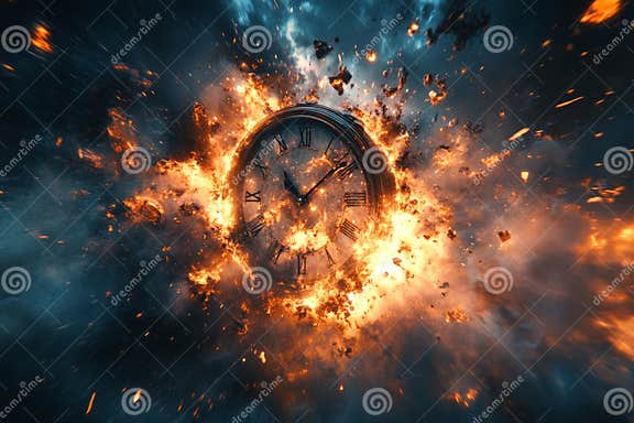 Exploding Clock in Flames Illustrating End of Time, Deadline, or Time ...