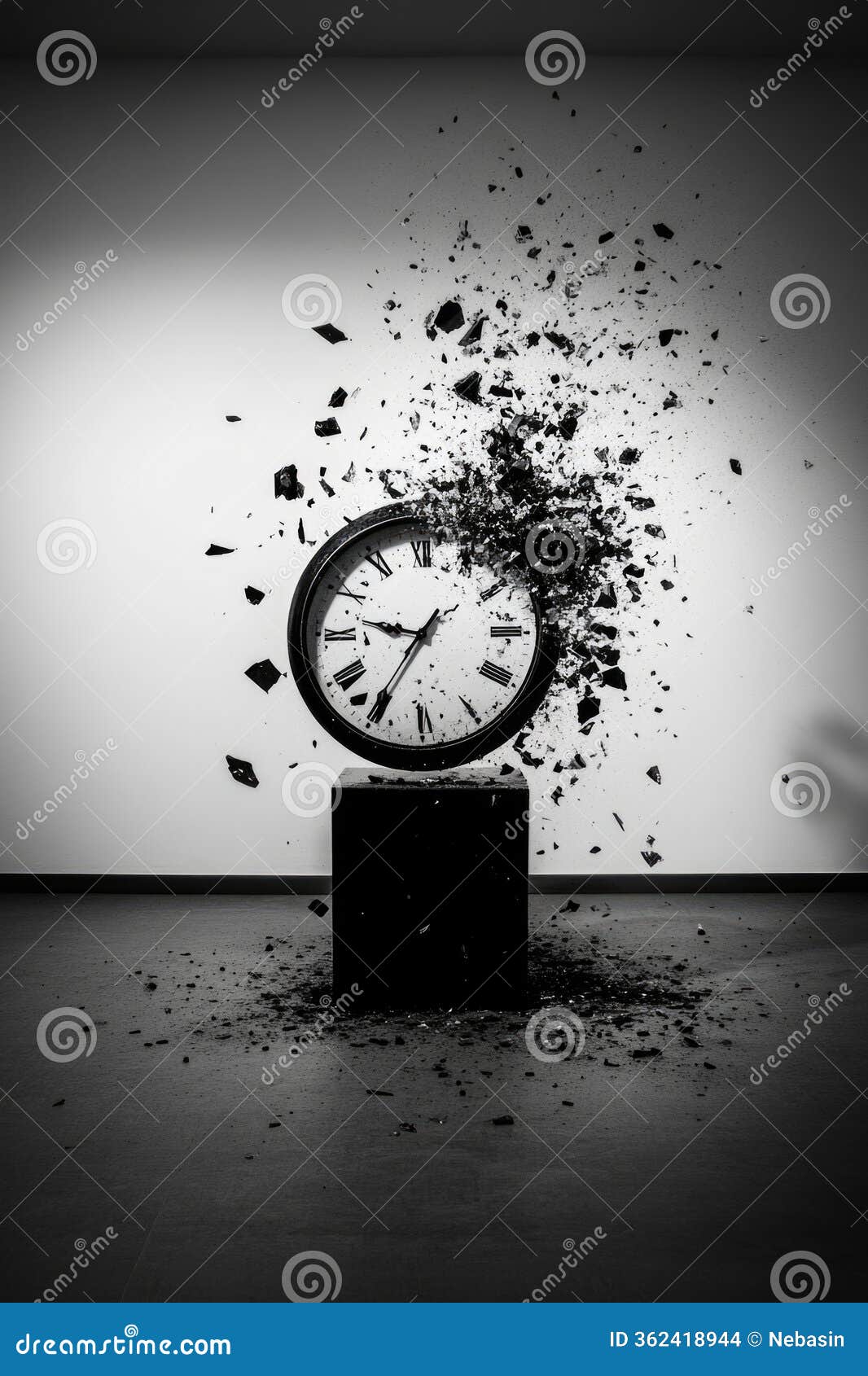 Exploding Clock with Shattering Glass on Dark Pedestal in Minimalist ...