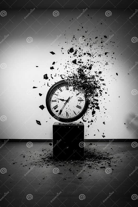 Exploding Clock with Shattering Glass on Dark Pedestal in Minimalist ...