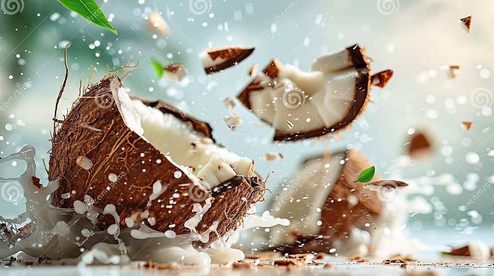 Exploding Coconut with Dynamic Splash, Depicting Freshness and Vitality ...