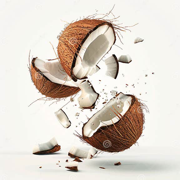 Exploding Coconut Shells Reveal Fresh Coconut Inside, Showcasing ...