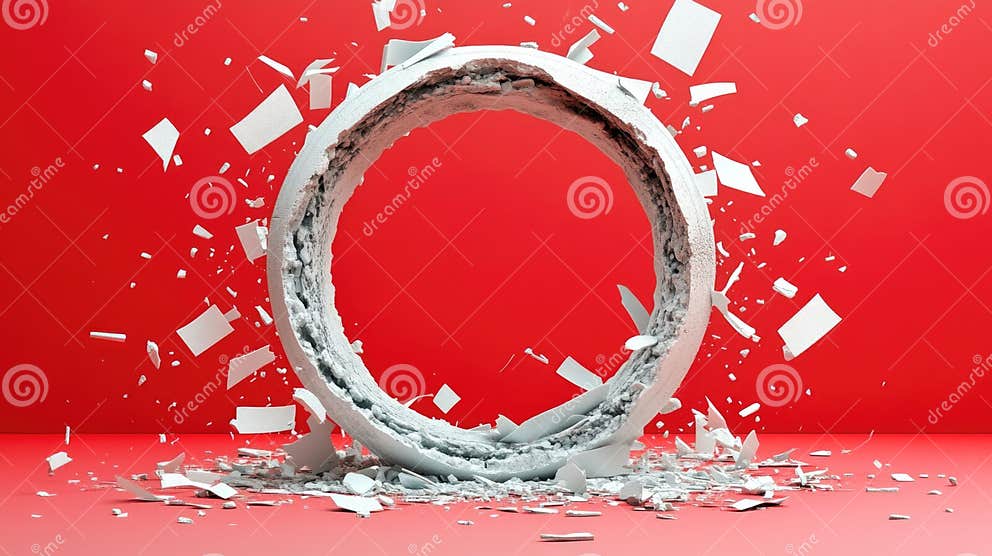 Exploding Concrete Ring Against Vibrant Red Background Stock Image ...