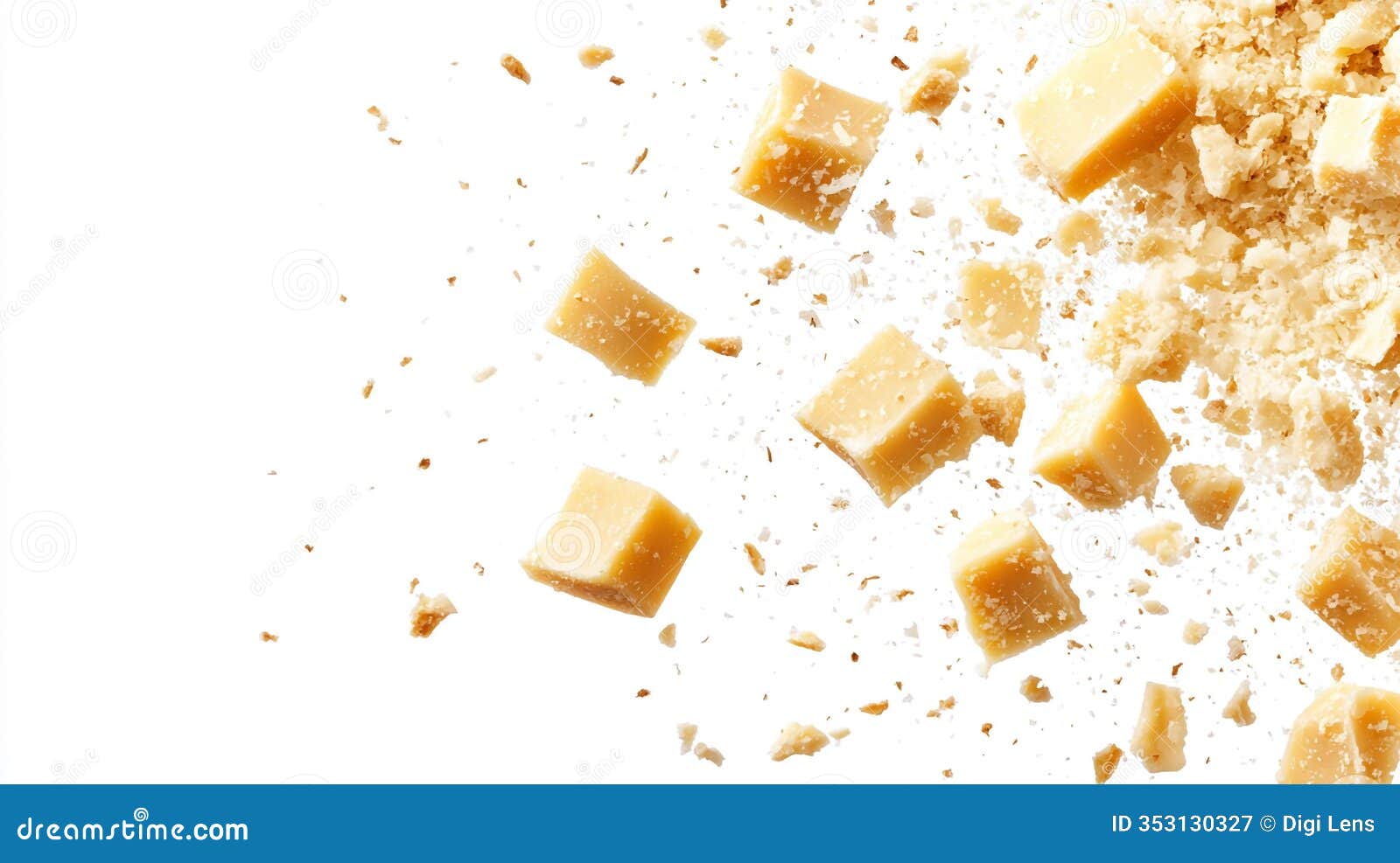 Exploding Cubes of Creamy Cheese Crumbs and Fragments Flying Isolated ...
