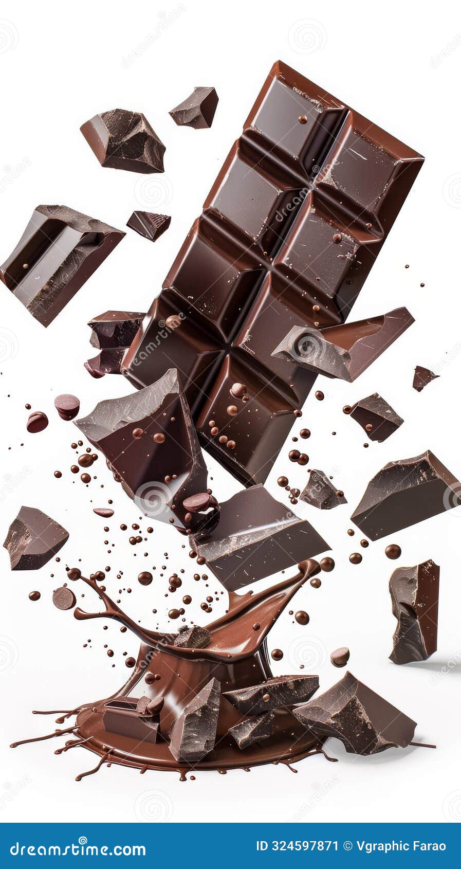 Exploding Dark Chocolate Bar with Splashes on White Background, Edible ...