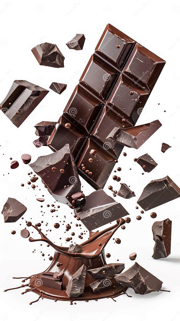 Exploding Dark Chocolate Bar with Splashes on White Background, Edible ...