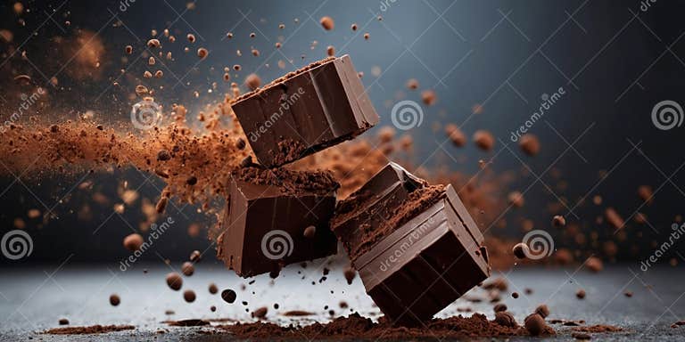 Exploding Dark Chocolate Chunks with Cocoa. Stock Image - Image of ...