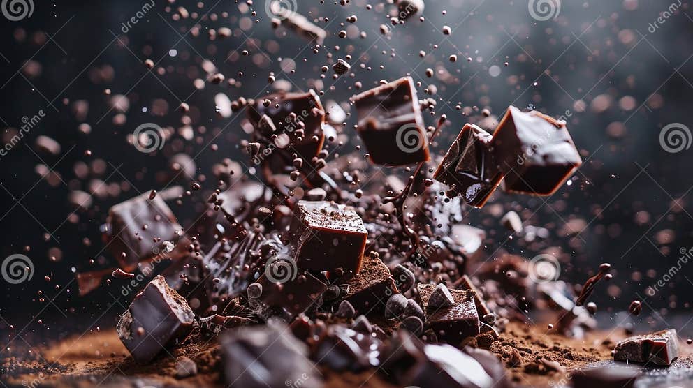 Exploding Dark Chocolate Chunks with Cocoa Stock Photo - Image of ...