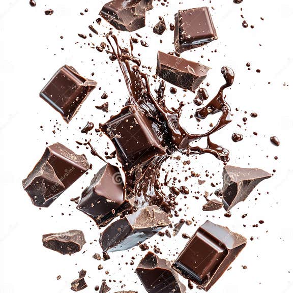 Exploding Dark Chocolate Pieces in Mid-air with Splash Effect on White ...