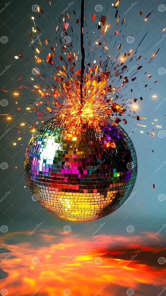 Exploding Disco Ball with Vibrant Lights in a Studio Setting Stock ...