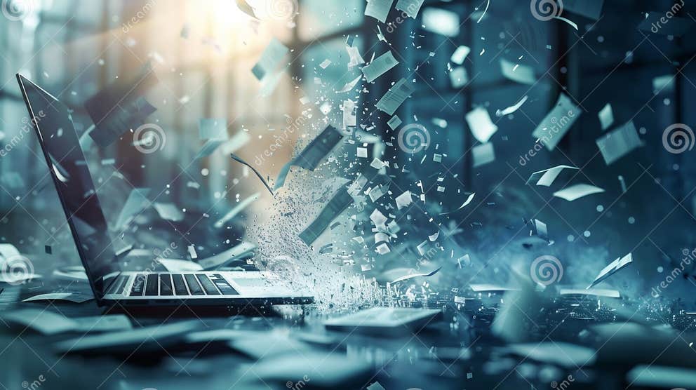 Exploding Documents from a Laptop Symbolizing Information Overload ...