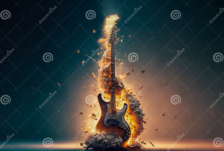 Exploding Electric Bass Guitar Bursting with Fire and Smoke, Generative ...