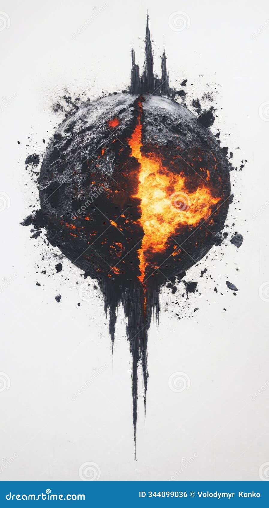 Exploding Fiery Planet in White Background, Cosmic Destruction Concept ...