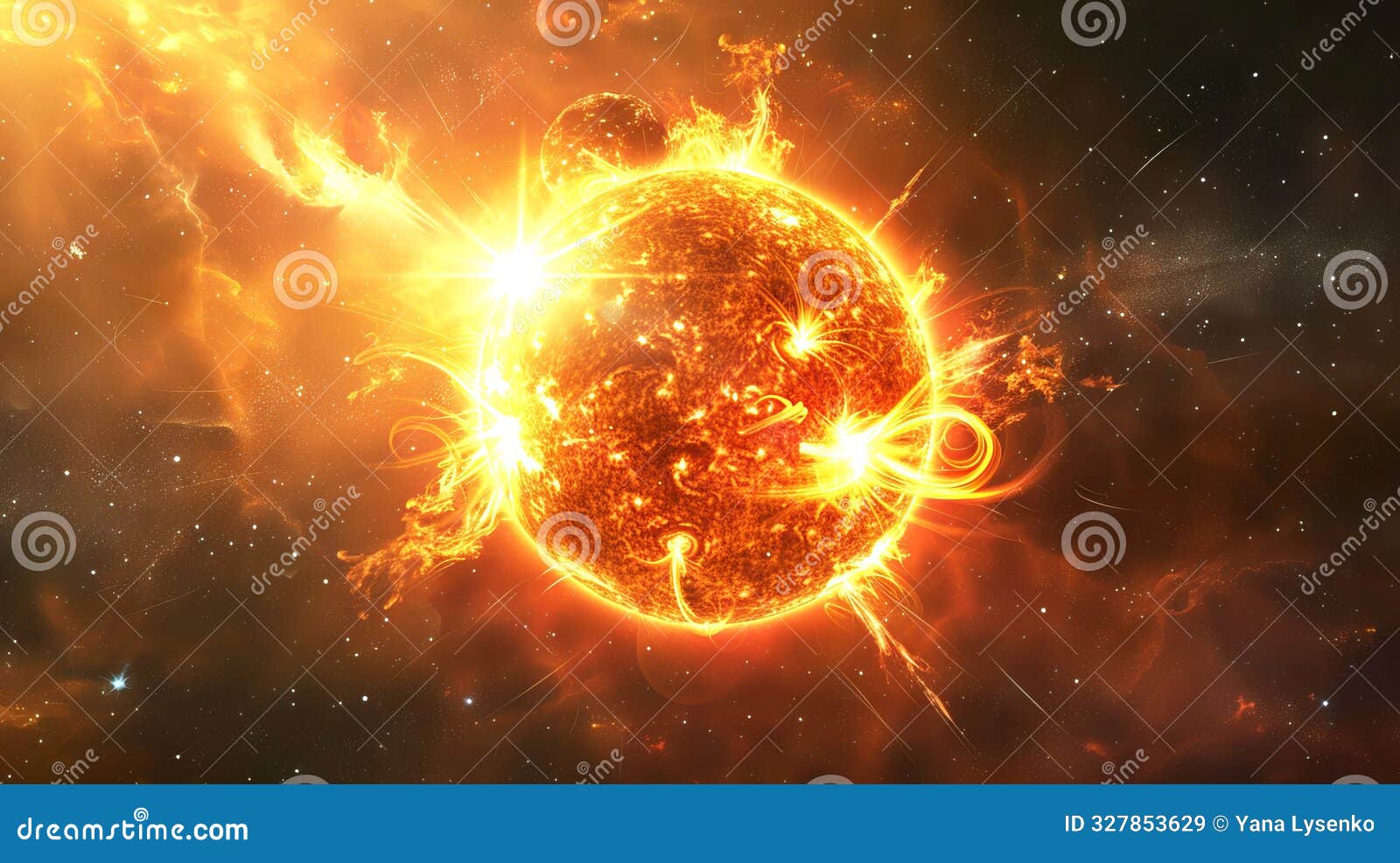 Exploding Fiery Sun in Space with Solar Flares. Concept of Solar System ...