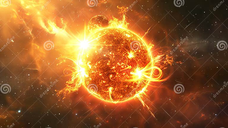 Exploding Fiery Sun in Space with Solar Flares. Concept of Solar System ...