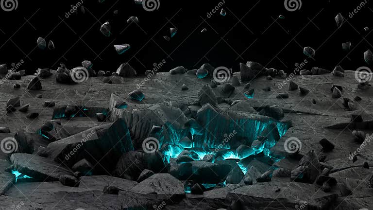 Exploding Fracturing Rough Ground With Glowing Blue Lights With Stone Splitter On Dark Asphalt