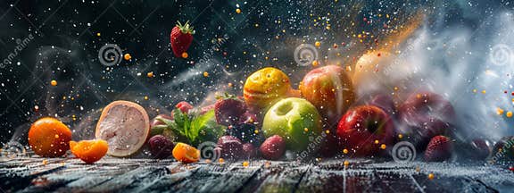 Exploding Fruit Scene with Flying Citrus and Berries in Dynamic Motion ...