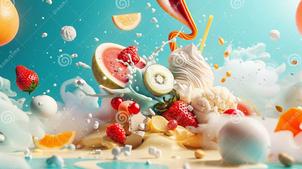 Exploding Fruits and Cream in Vibrant Splash Stock Image - Image of ...