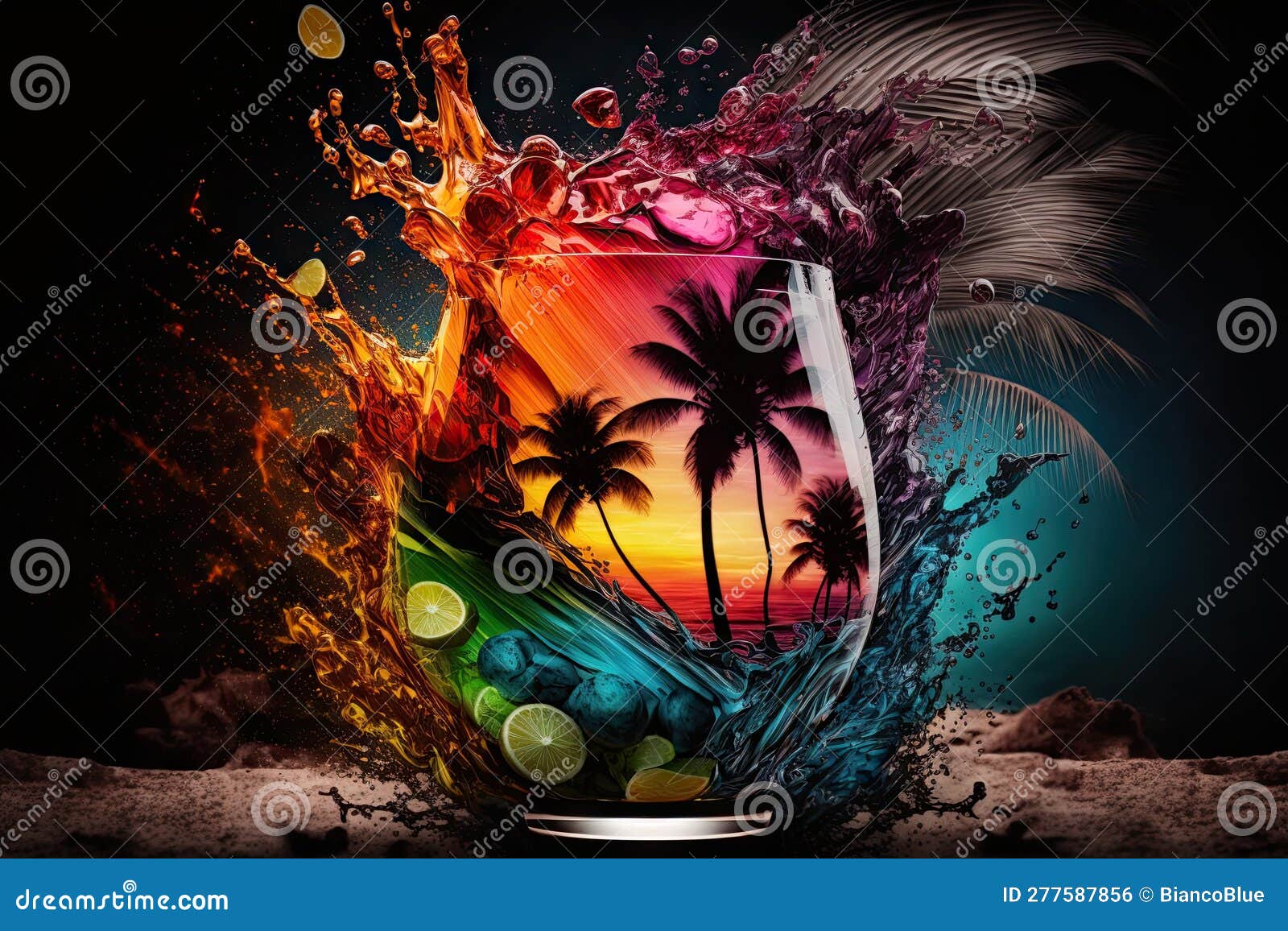 Exploding Glass with Liquid Colored Tropical Cocktail Stock ...