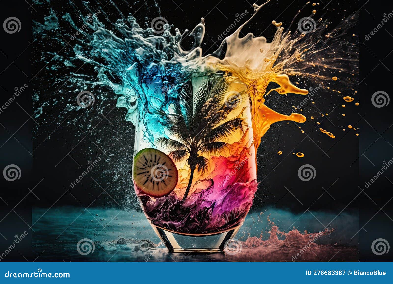 Exploding Glass with Liquid Colored Tropical Cocktail Stock ...