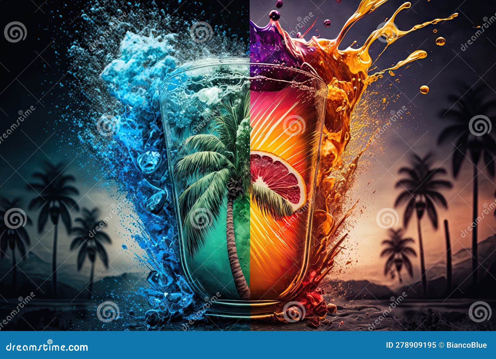 Exploding Glass with Liquid Colored Tropical Cocktail Stock ...